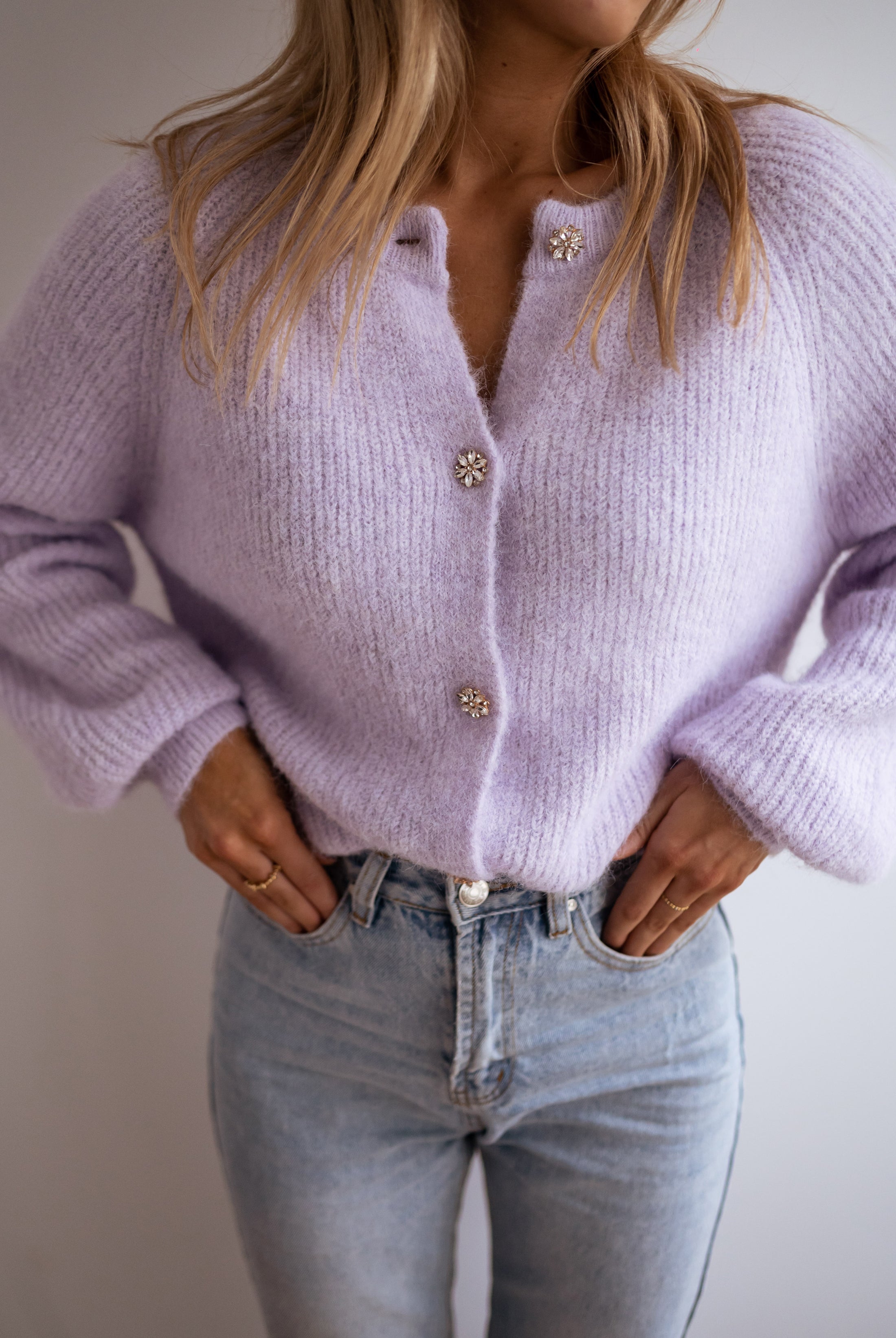Lilac Isa Cardigan with Shiny Buttons – Easy Clothes North America