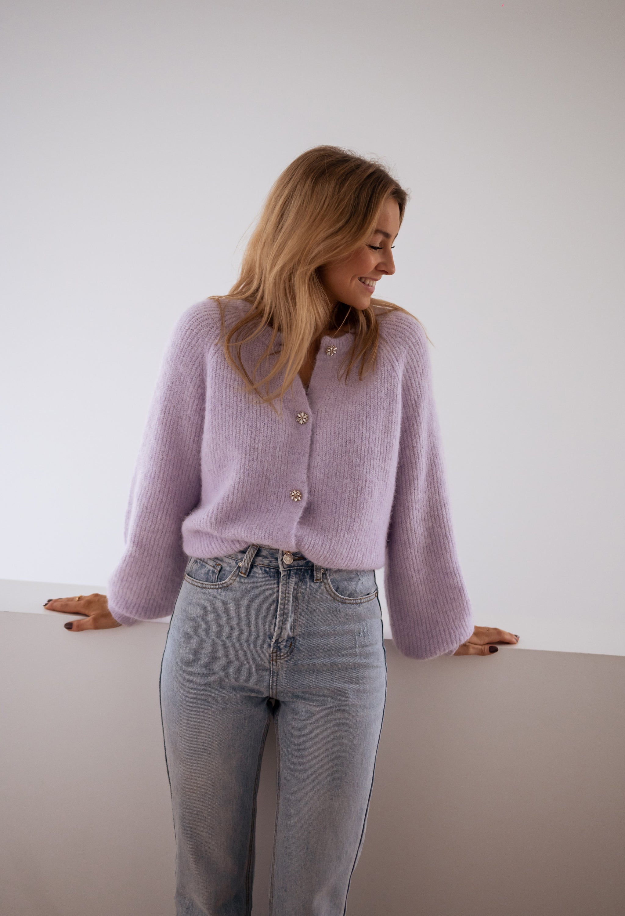 Lilac Isa Cardigan with Shiny Buttons – Easy Clothes North America