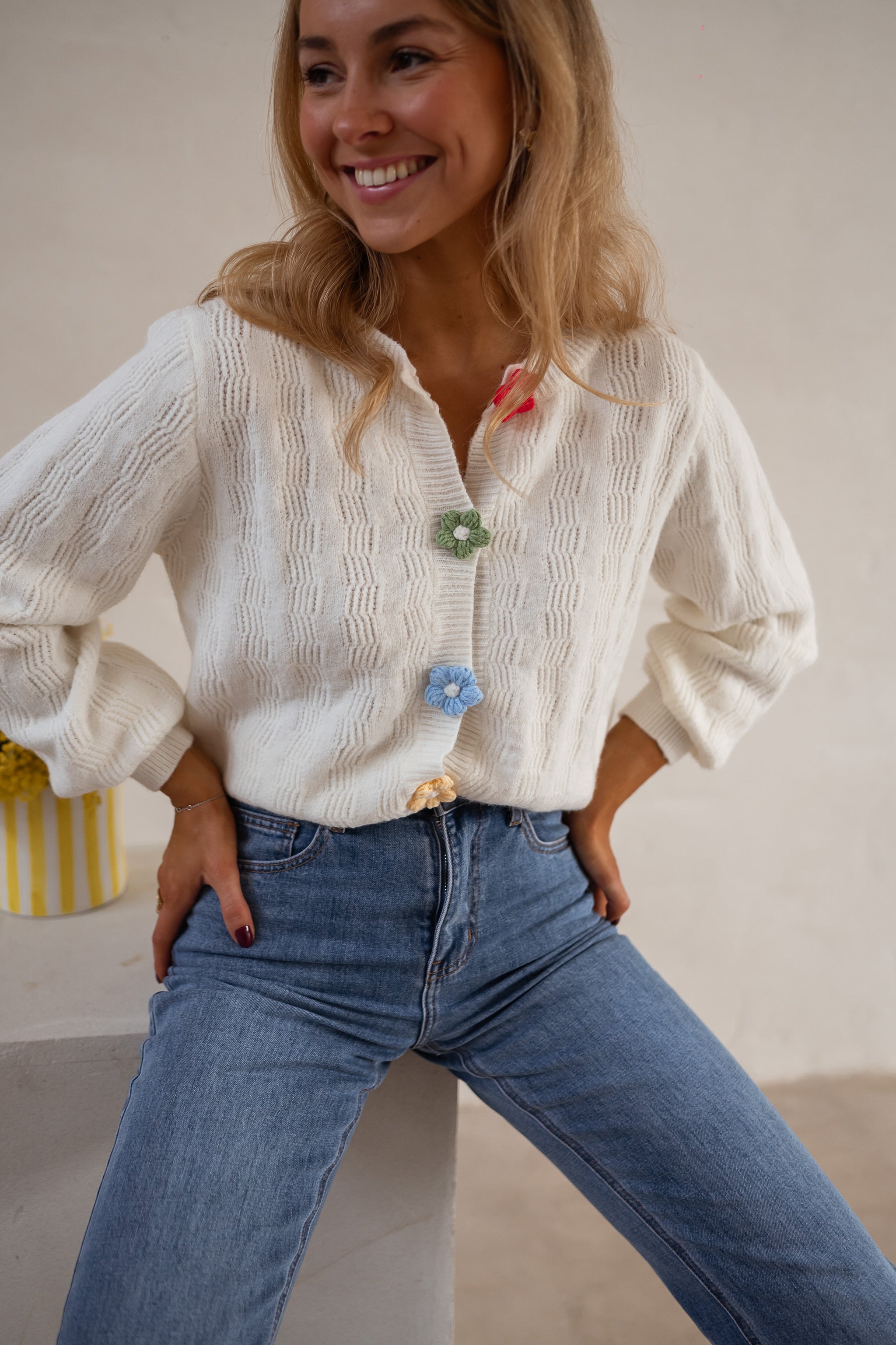 Ecru Alenzo Cardigan with Floral Buttons – Easy Clothes North America